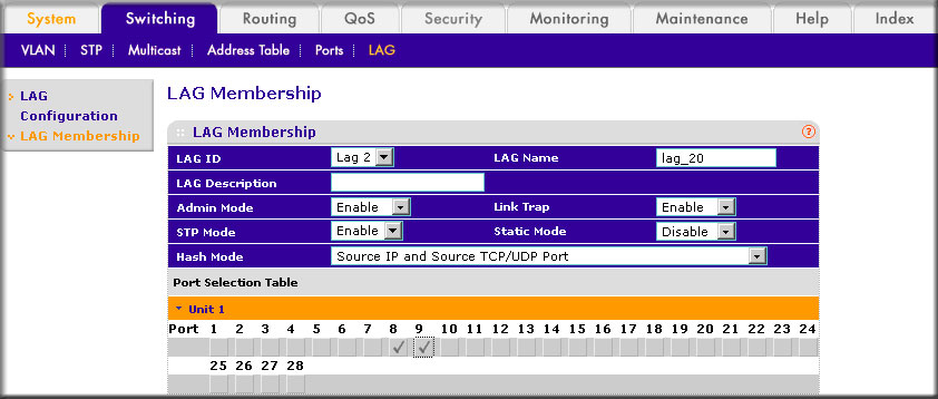How do I add ports to the Link Aggregation Groups (LAGs) using the web interface on my managed ...
